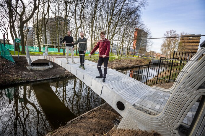 Brug van oude bakstenen, wasbakken en toiletpotten in de proeftuin van ...