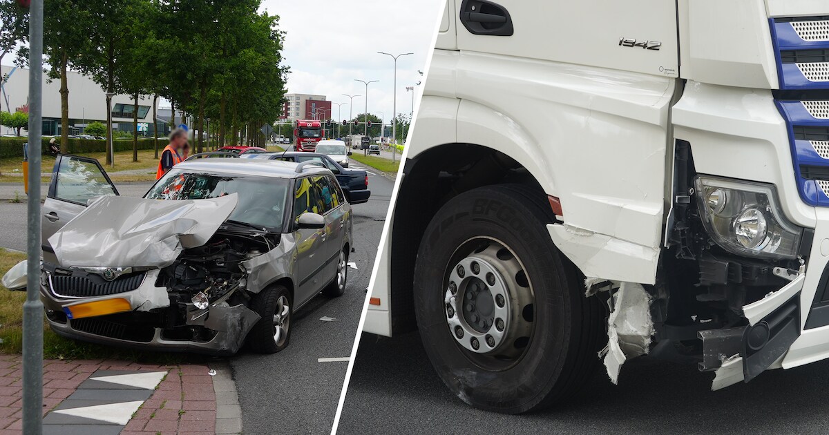 Auto zwaar in de kreukels door botsing met vrachtwagen in Zwolle ...