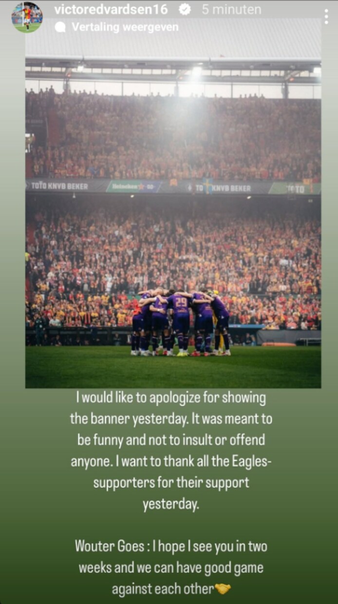 Go Ahead-spits Victor Edvardsen zegt sorry voor spandoek met Wouter ...