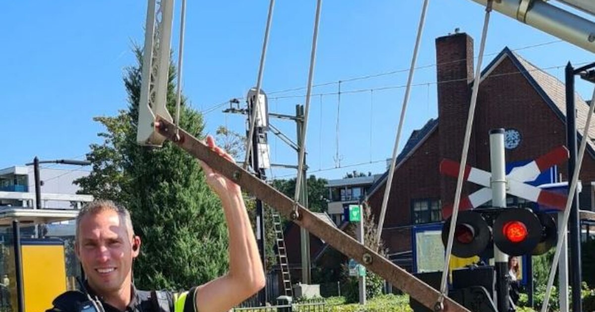 Wijkagent doet net op tijd spoorboom omhoog voor bejaarde dame met rollator op spoor Den Dolder ...