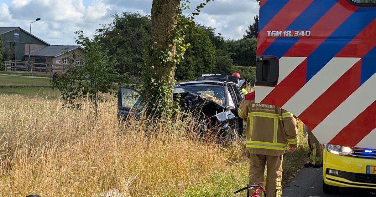 Auto frontaal tegen boom op N330: drie ambulances en traumahelikopter ingezet | Bronckhorst | AD.nl