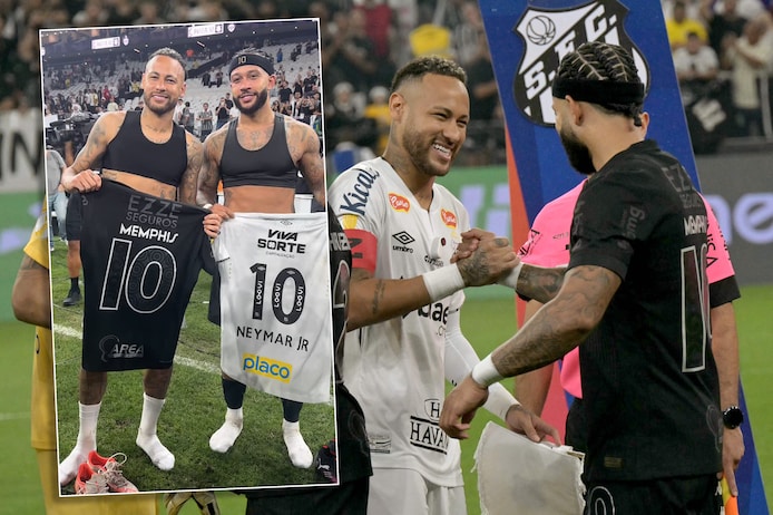Weerzien tussen voetbalvrienden: Neymar en Memphis Depay ruilen shirtje ...