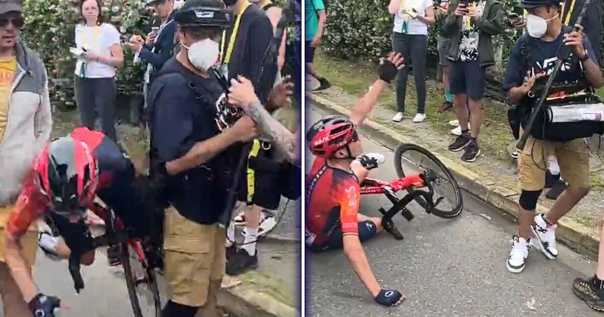 Carlos Rodriguez ná Touretappe hard onderuit na botsing met geluidsman ...