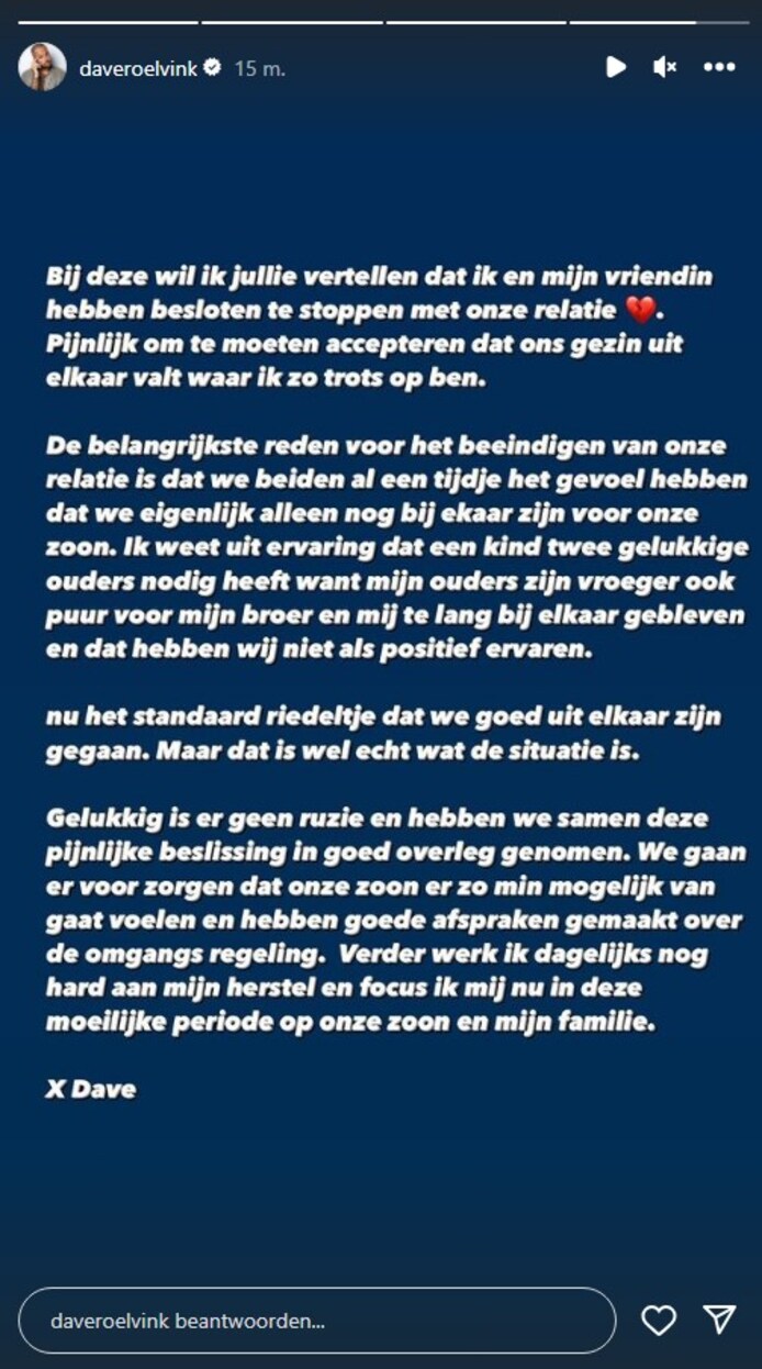 Dave Roelvink en vriendin Jazzlyn uit elkaar: ‘Pijnlijk om te moeten ...