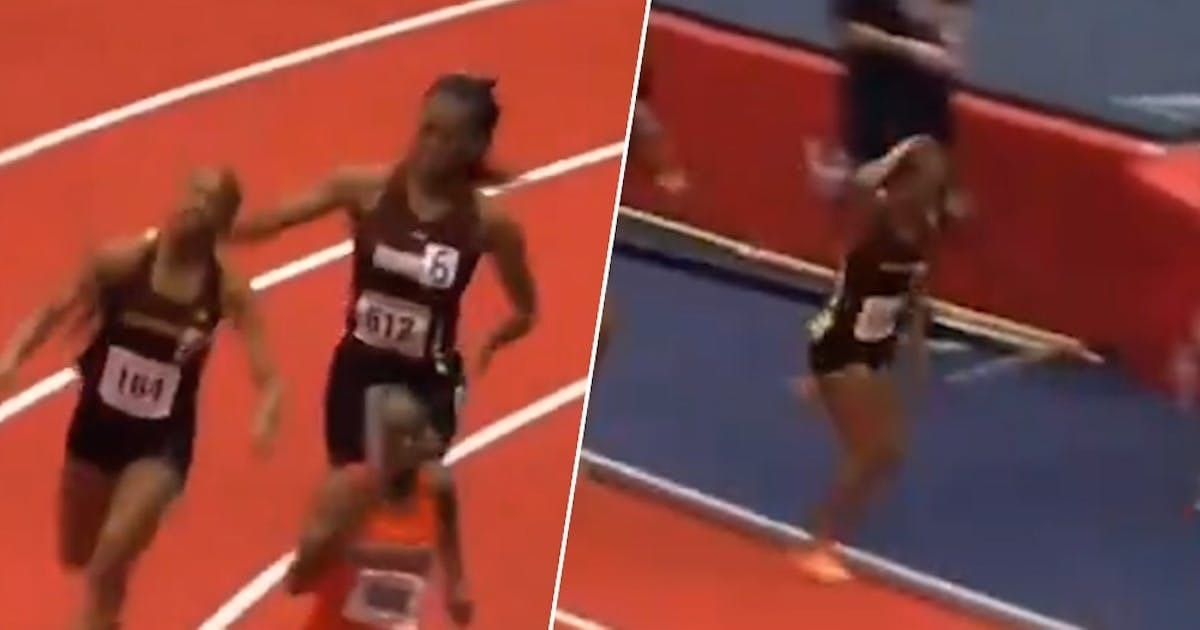 Amerikaan­se atlete haalt tegenstander in, maar krijgt dan een keiharde klap op hoofd: ‘Ik ben ...