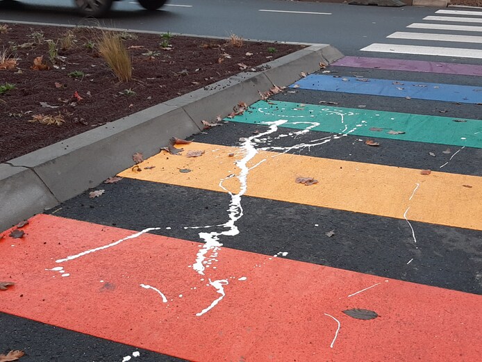 Regenboogzebrapad in Nijverdal kort voor opening met witte verf ...