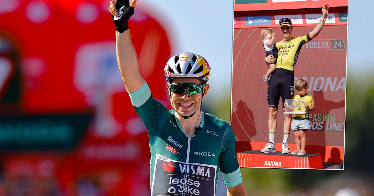 Wout van Aert viert Vuelta-hattrick met zoontjes: ‘Win niet vaak als ze ...