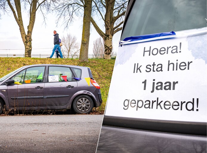 Roemeens met slingers behangen autowrak na een jaar toch weggehaald ...