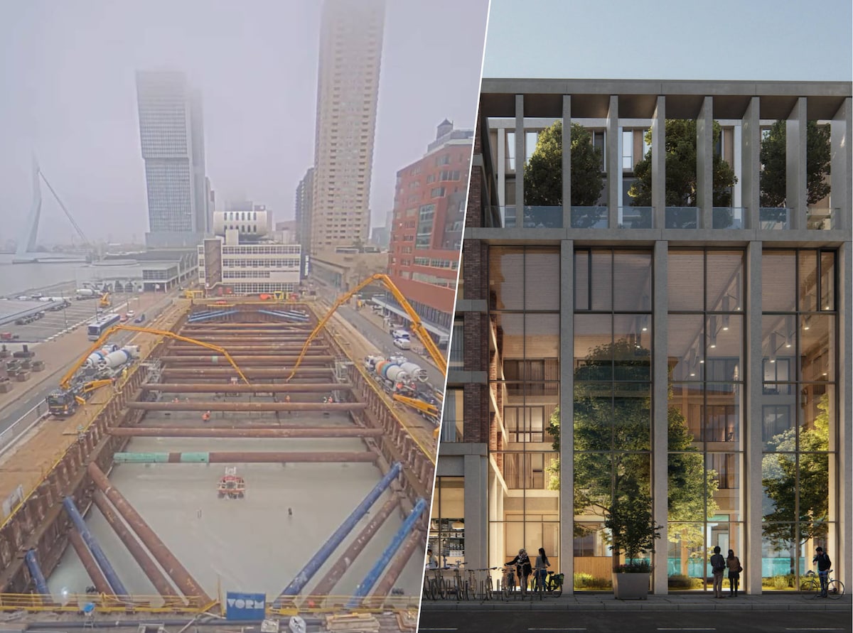 Stoet betonwagens rijdt over Wilhelminapier voor start bouw Hotel ...
