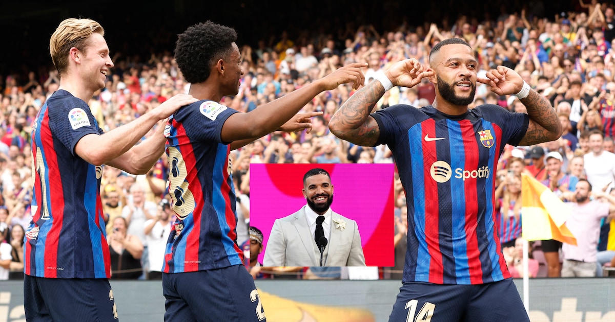 Spelers van Barcelona dragen logo van rapper Drake op het shirt in El ...
