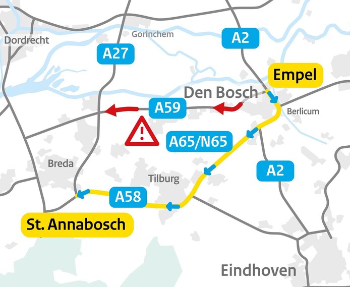 Verbindingsweg van A2 naar A59 richting Waalwijk tijdelijk dicht door ongeval bij Empel | Den ...
