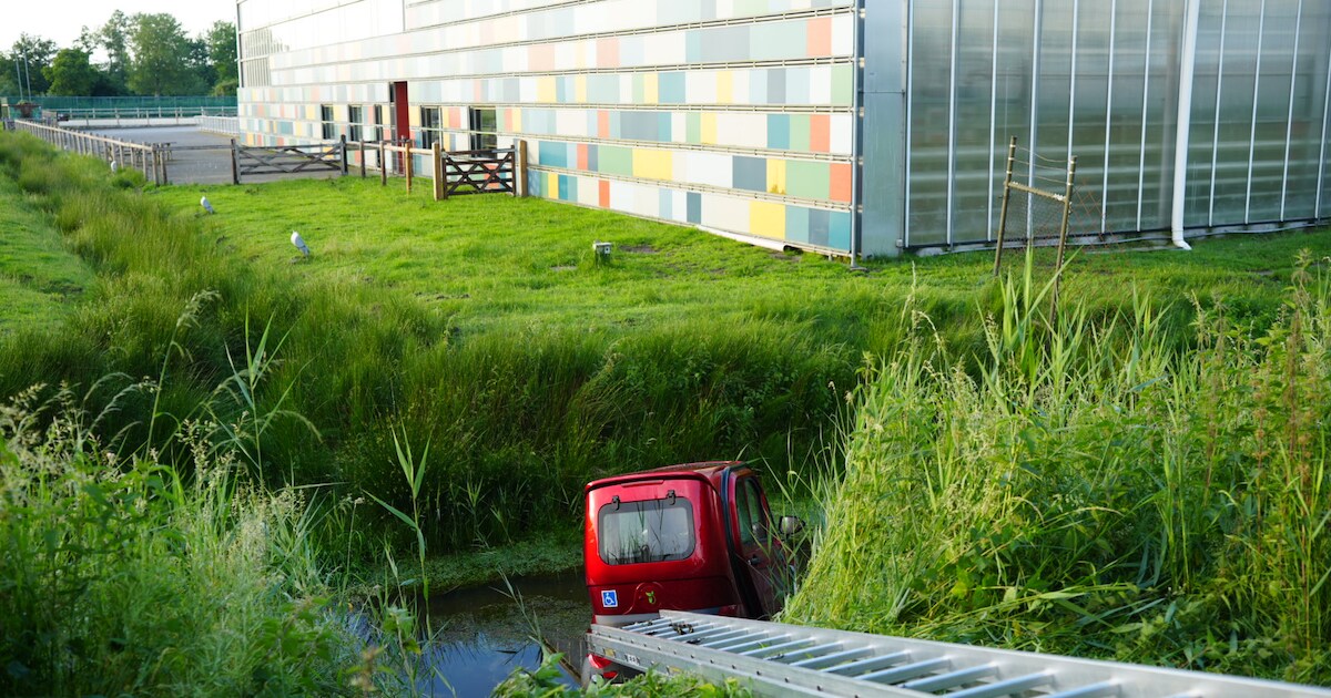 Oude vrouw verliest macht over het stuur en rijdt met haar brommobiel ...