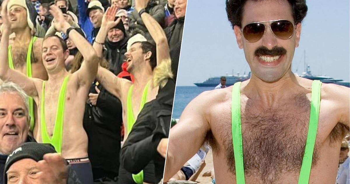 Club Brugge-fans die zich in Kazachstan als Borat verkleedden krijgen ...